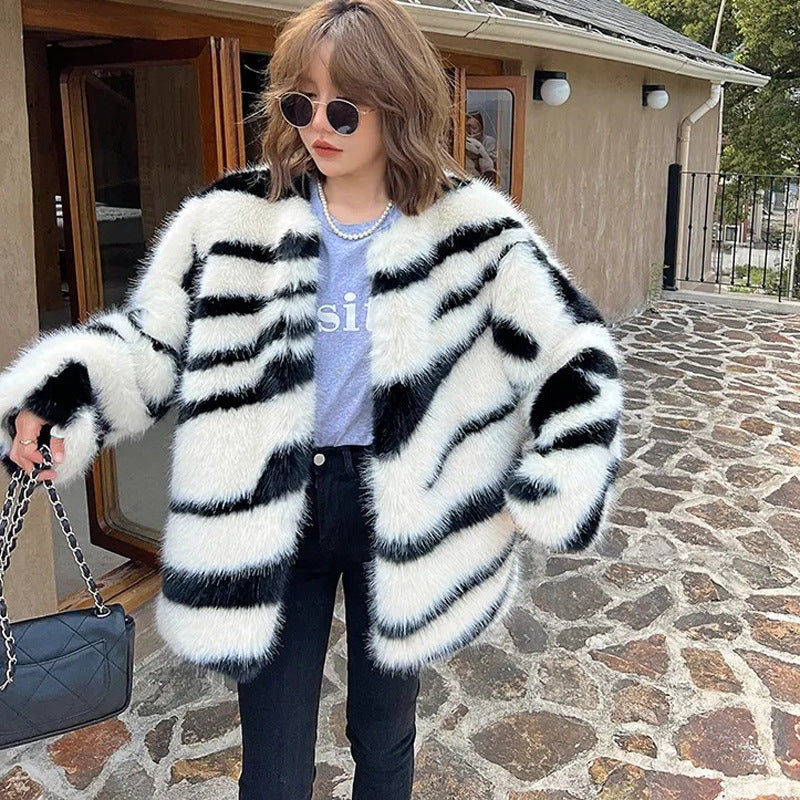 Women's Winter Zebra Mink Pattern Faux Fox Fur Coat Short Style Fur Th ...
